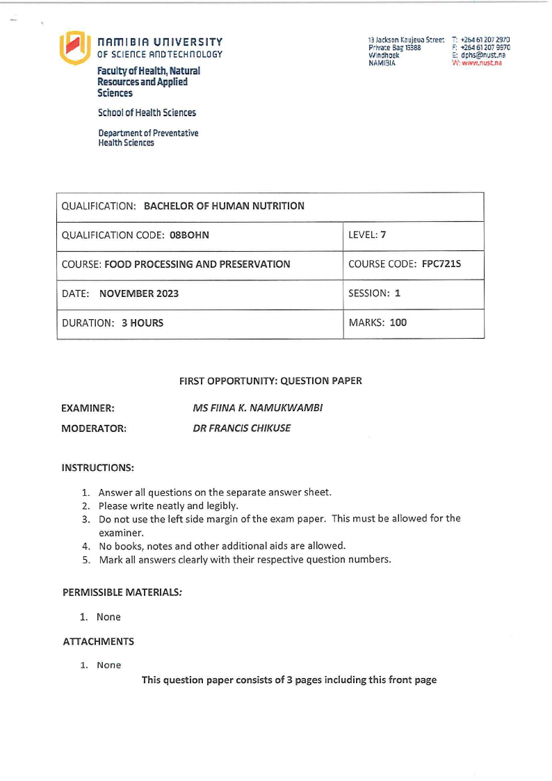 FPC721S - FOOD PROCESSING AND PRESERVATION - 1ST OPP - NOVEMBER 2023 ...