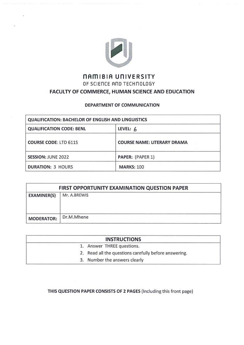 LTD611S - LITERARY DRAMA - 1ST OPP - JUNE 2022 :: NUST past examination ...