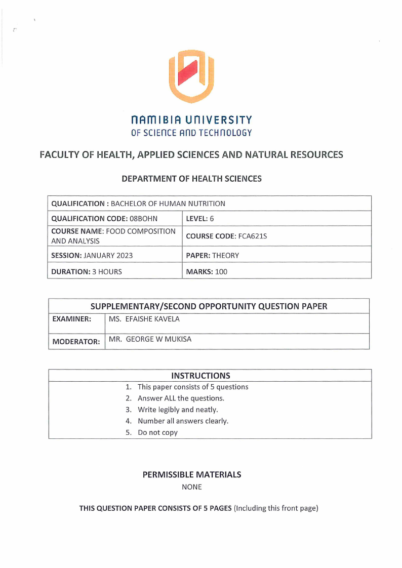 FCA621S - FOOD COMPOSITION AND ANALYSIS - 2ND OPP - JAN 2023 :: NUST ...
