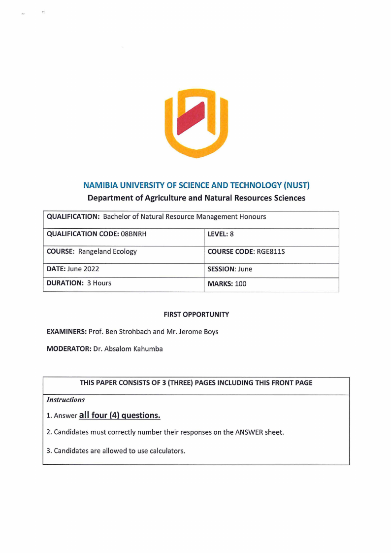 RGE811S- RANGELAND ECOLOGY - 1st Opp - JUNE 2022 :: NUST past ...