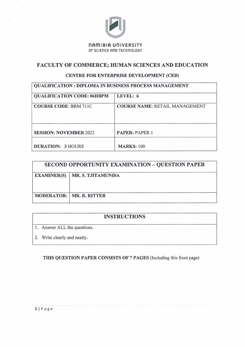 BRM711C- RETAIL MANAGEMENT- 2ND OPP- NOV 2023 :: NUST past examination ...