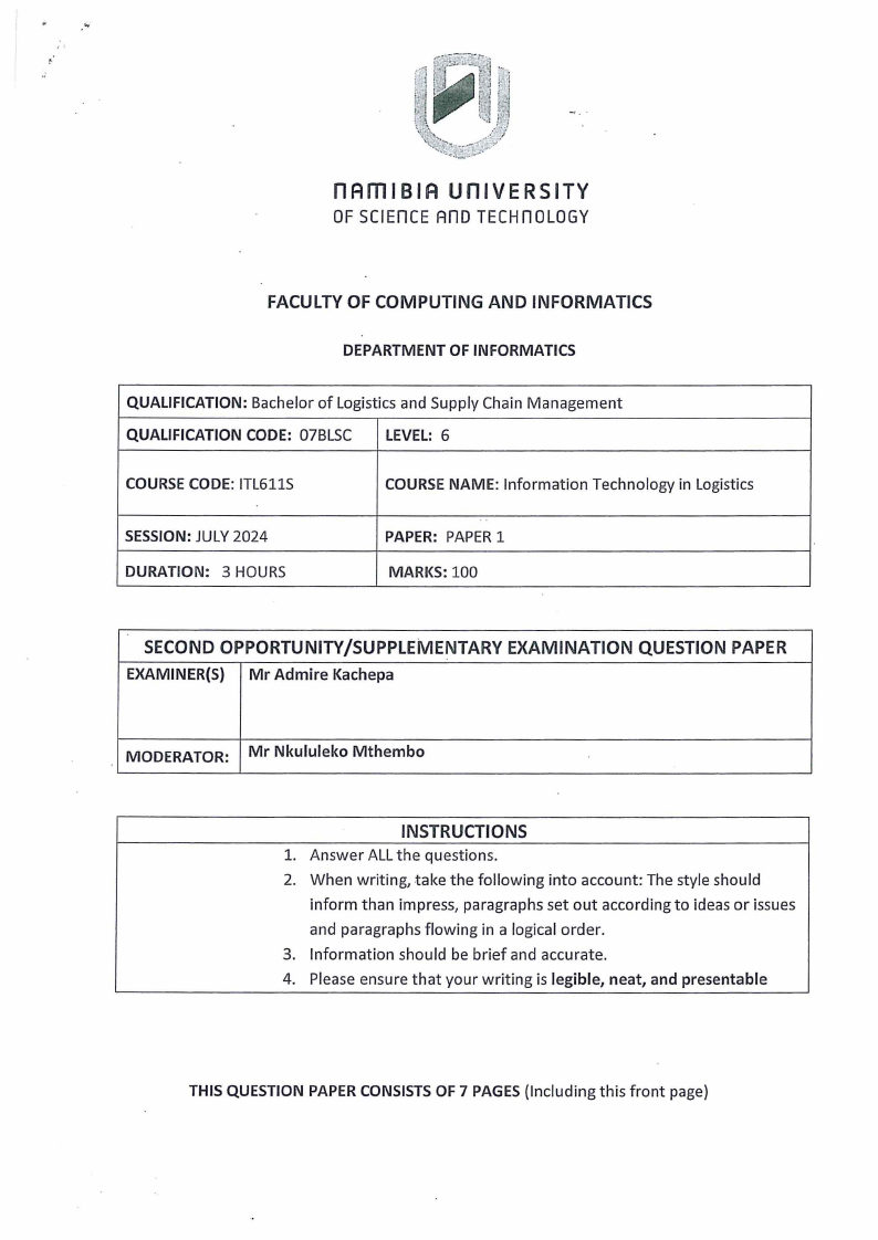 ITL611S- INFORMATION TECHNOLOGIES IN LOGISTICS- 2ND OPP- JULY 2024 ...