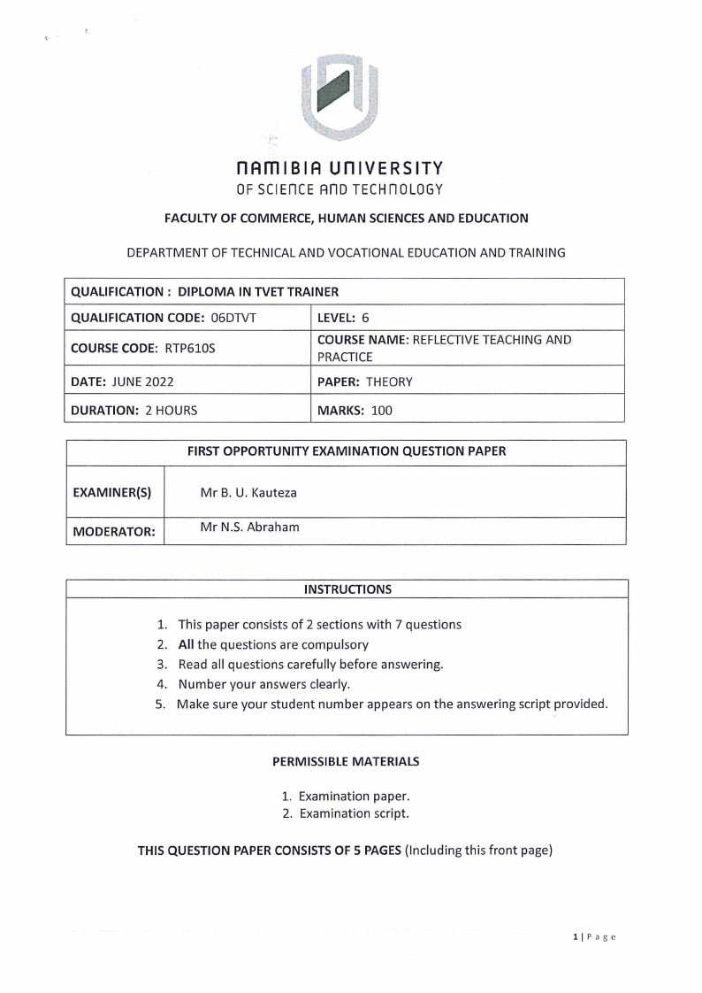 RTP610S - REFLECTIVE TEACHING AND PRACTICE - 1ST OPP - JUNE 2022 ...