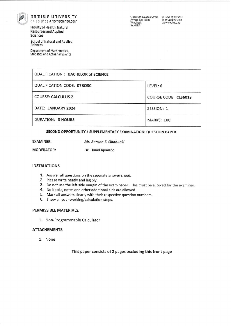 CLS601S - CALCULUS 2 - 2ND OPP - JANUARY 2024 :: NUST past examination ...