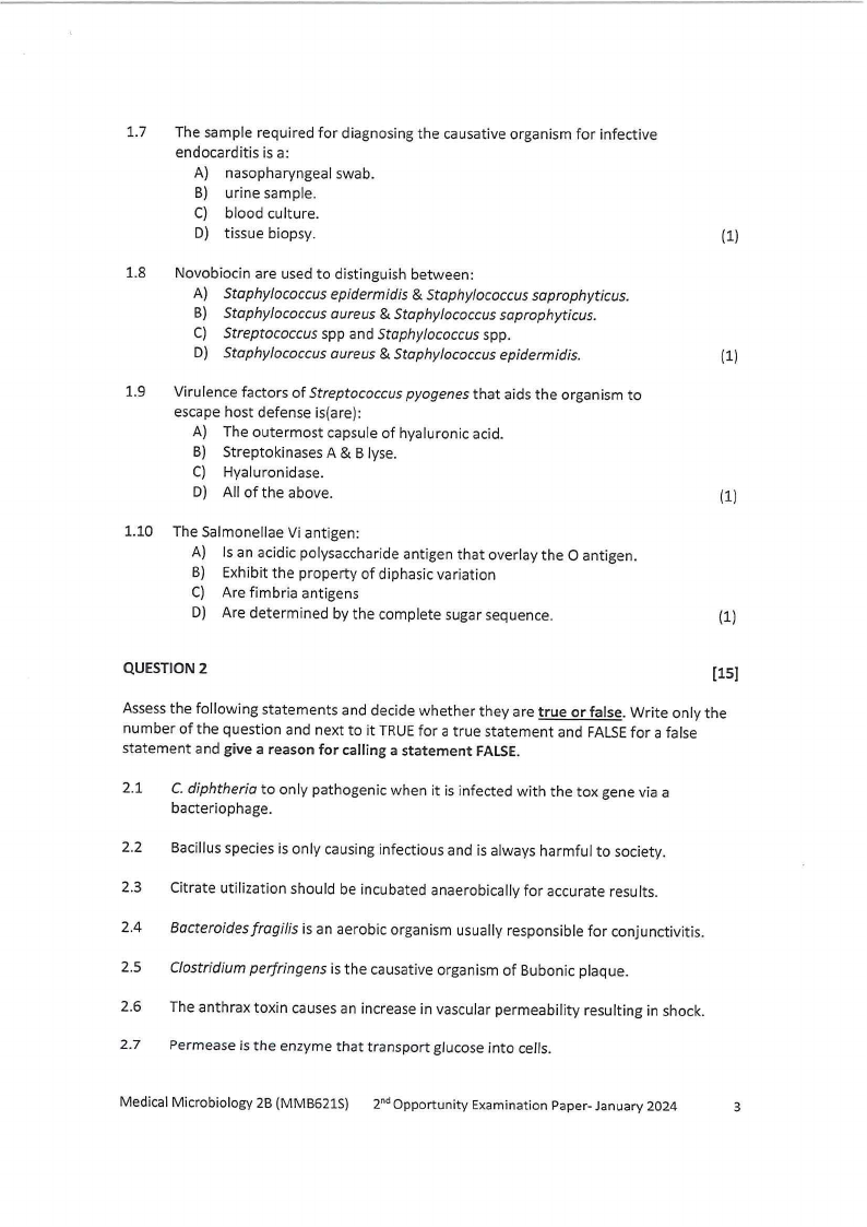 MMB621S - MEDICAL MICROBIOLOGY 2B - 2ND OPP - JANUARY 2024 :: NUST past ...