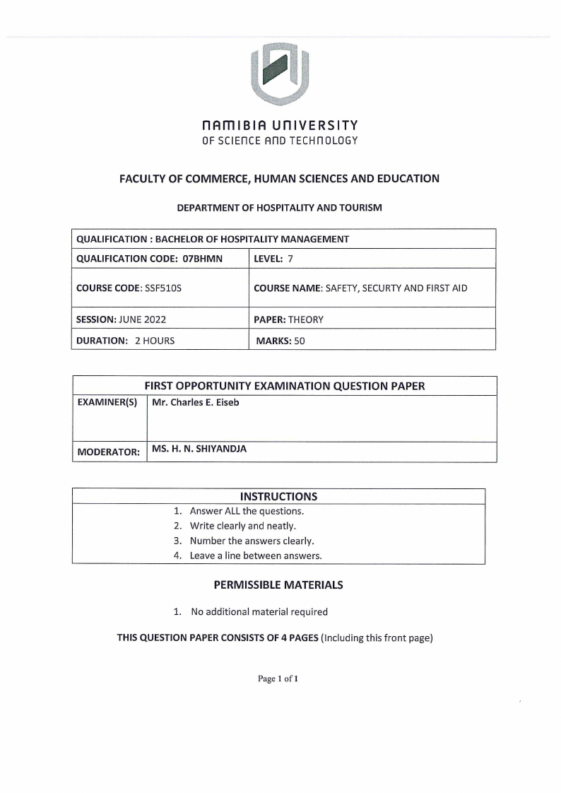 SSF510S - SAFETY SECURITY AND FIRST AID - 1ST OPP - JUNE 2022 :: NUST ...