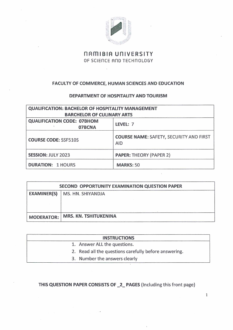 SSF510S - SAFETY SECURITY AND FIRST AID - 2ND OPP - JULY 2023 :: NUST ...