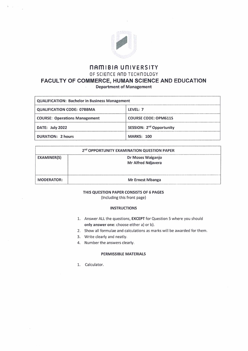 OPM611S - Operations Management - 2nd Opp - June 2022 :: NUST past ...