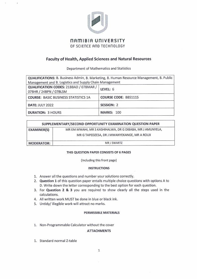 BBS111S - BASIC BUSINESS - 2ND OPP - JULY 2022 :: NUST past examination ...