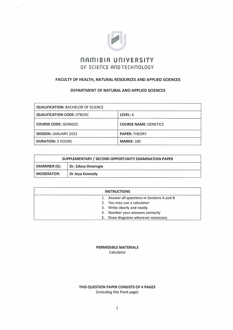 GEN602S - GENETICS - 2ND OPP - JAN 2023 :: NUST past examination papers ...