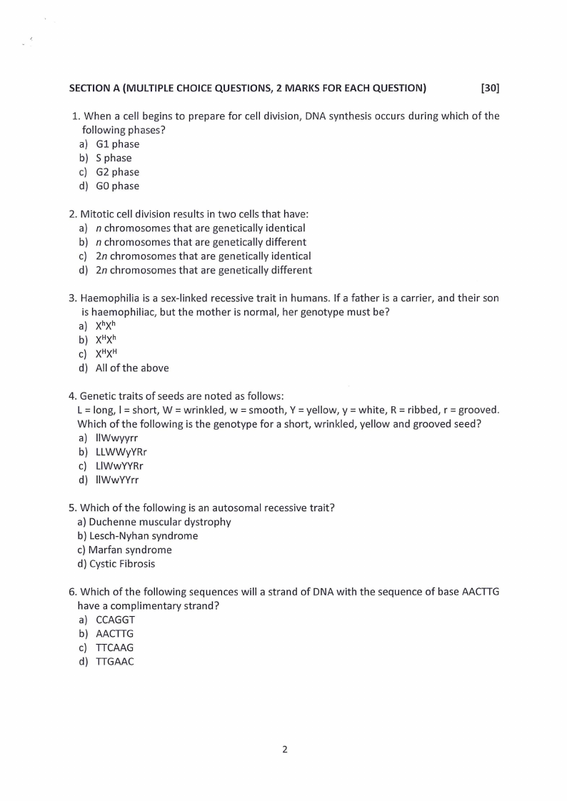 GEN602S - GENETICS - 2ND OPP - JAN 2023 :: NUST past examination papers ...
