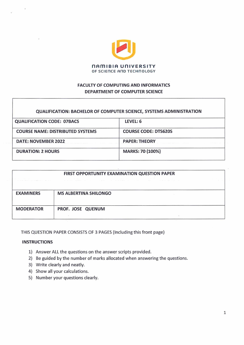 DTS620S - DISTRIBUTED SYSTEMS - 1ST OPP - NOV 2022 :: NUST past examination papers between 2020 ...