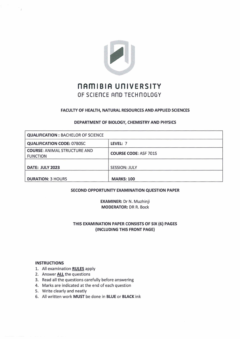 ASF701S - ANIMAL STRUCTURE AND FUNCTION - 2ND OPP - JULY 2023 :: NUST ...