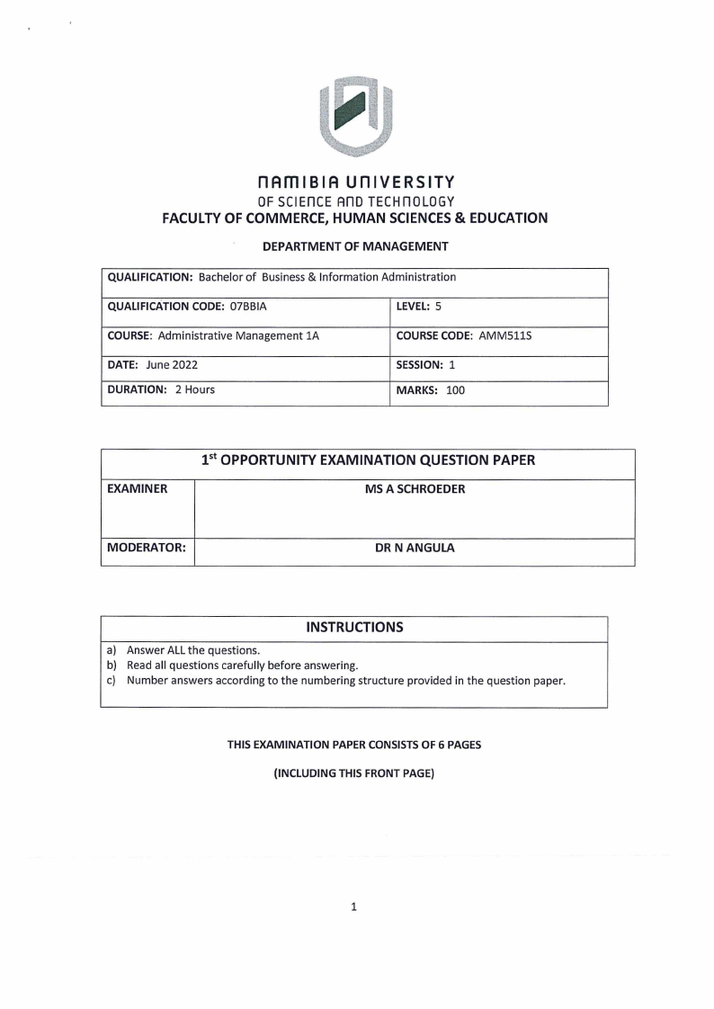AMM511S - ADMINISTRATIVE MANAGEMENT 1A - 1ST OPP - JUNE 2022 :: NUST ...