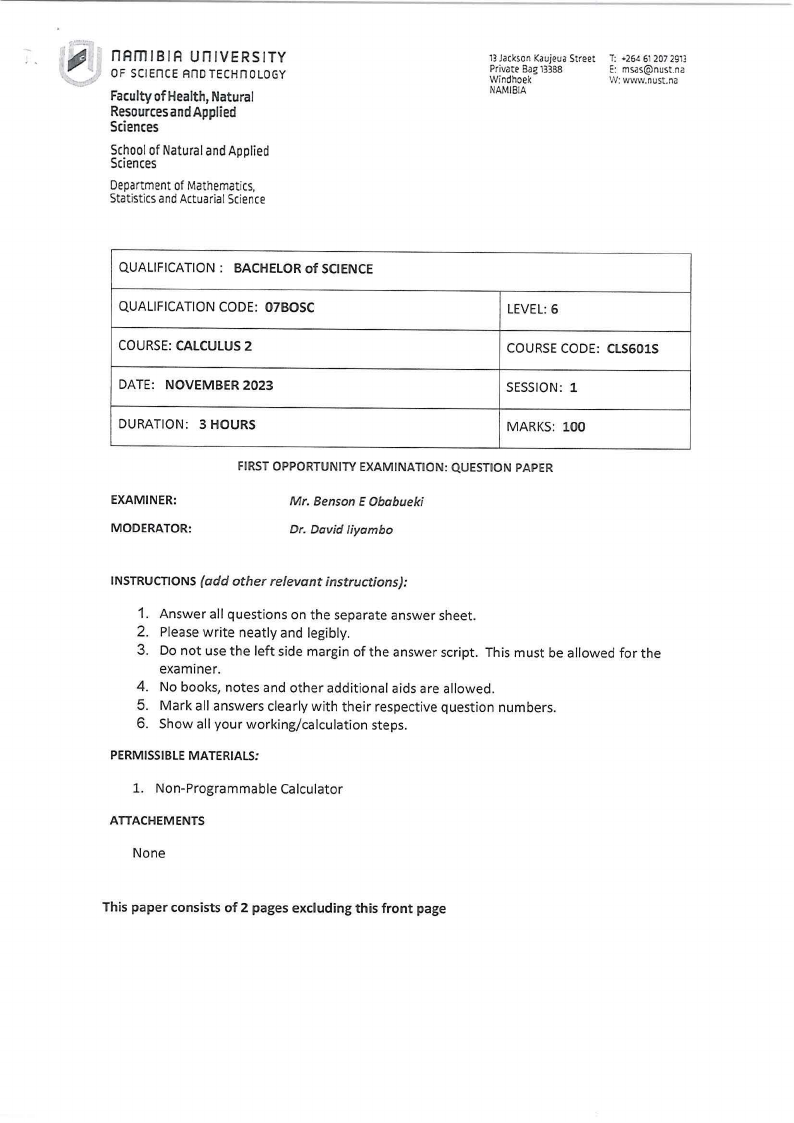 CLS601S - CALCULUS 2 - 1ST OPP - NOVEMBER 2023 :: NUST past examination ...