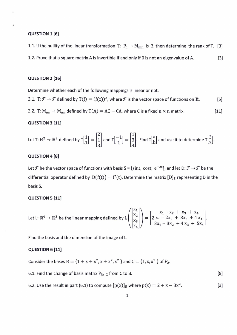 LIA601S - LINEAR ALGEBRA - 1ST OPP - JUNE 2023 :: NUST past examination ...