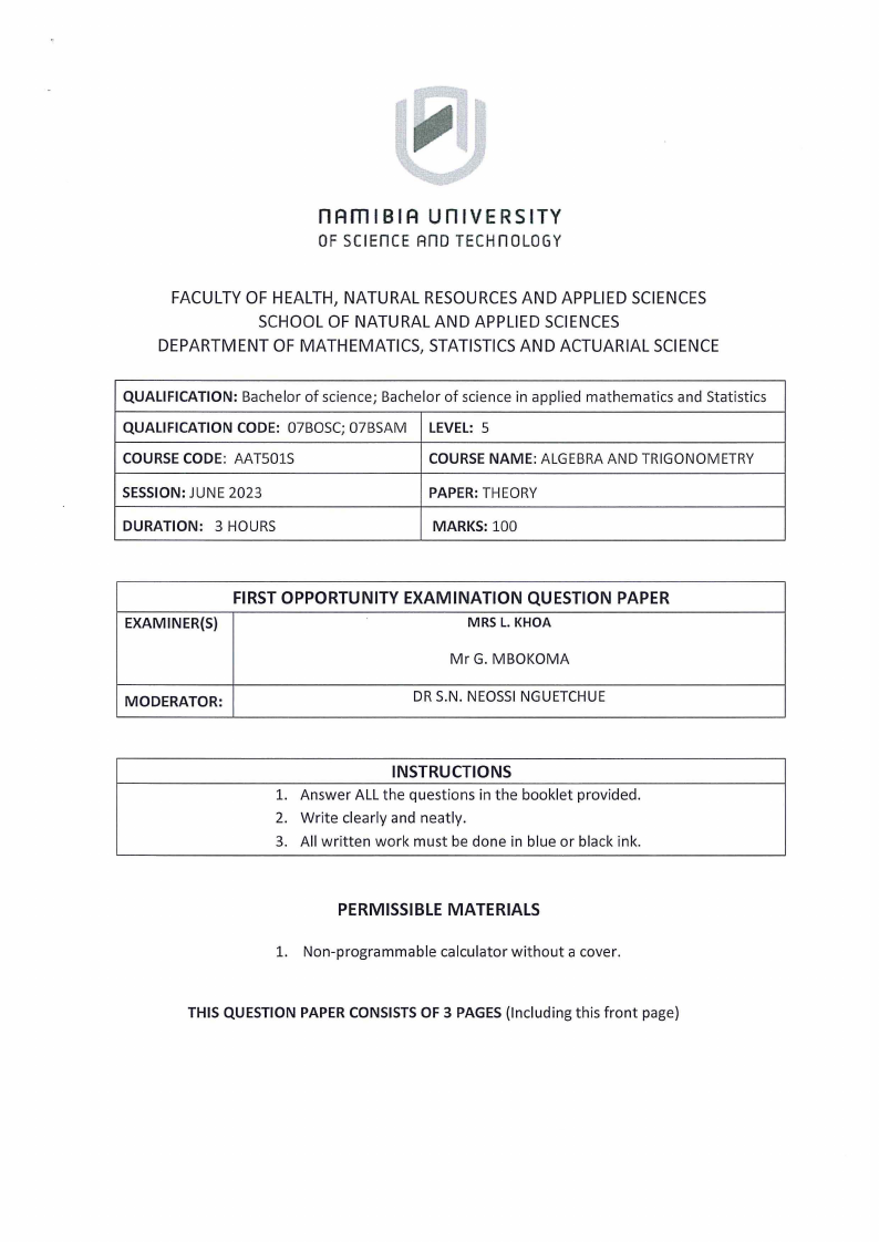 AAT501S - ALGEBRA AND TRIGONOMETRY - 1ST OPP - JUNE 2023 :: NUST past ...