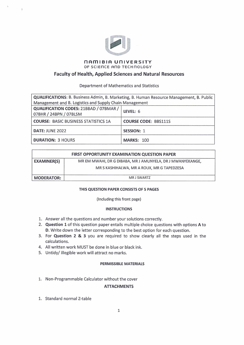 BBS111S - BASIC BUSINESS - 1ST OPP - JUNE 2022 :: NUST past examination ...