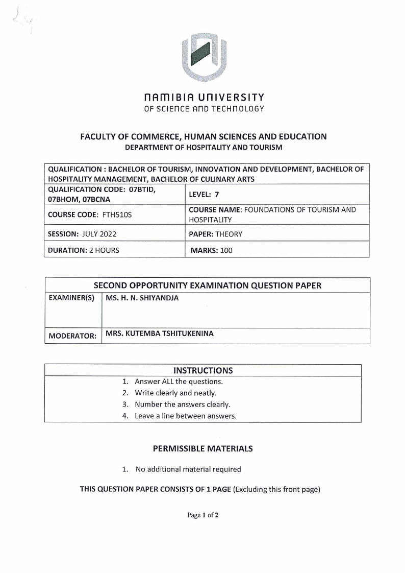 FTH510S - FOUNDATIONS OF TOURISM AND HOSPITALITY - 2ND OPP - JULY 2022 ...