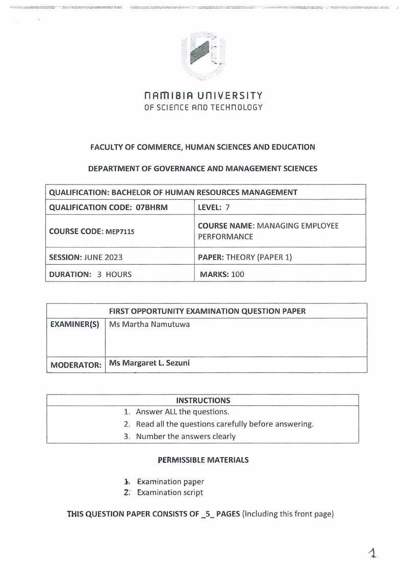 MEP711S - Managing Employee Performance - 2nd OPP - JUN 2023 :: NUST ...
