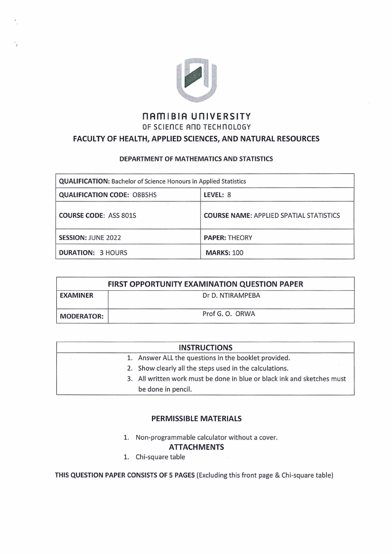 ASS801S - APPLIED SPATIAL STATISTICS - 1ST OPP - JUNE 2022 :: NUST past ...
