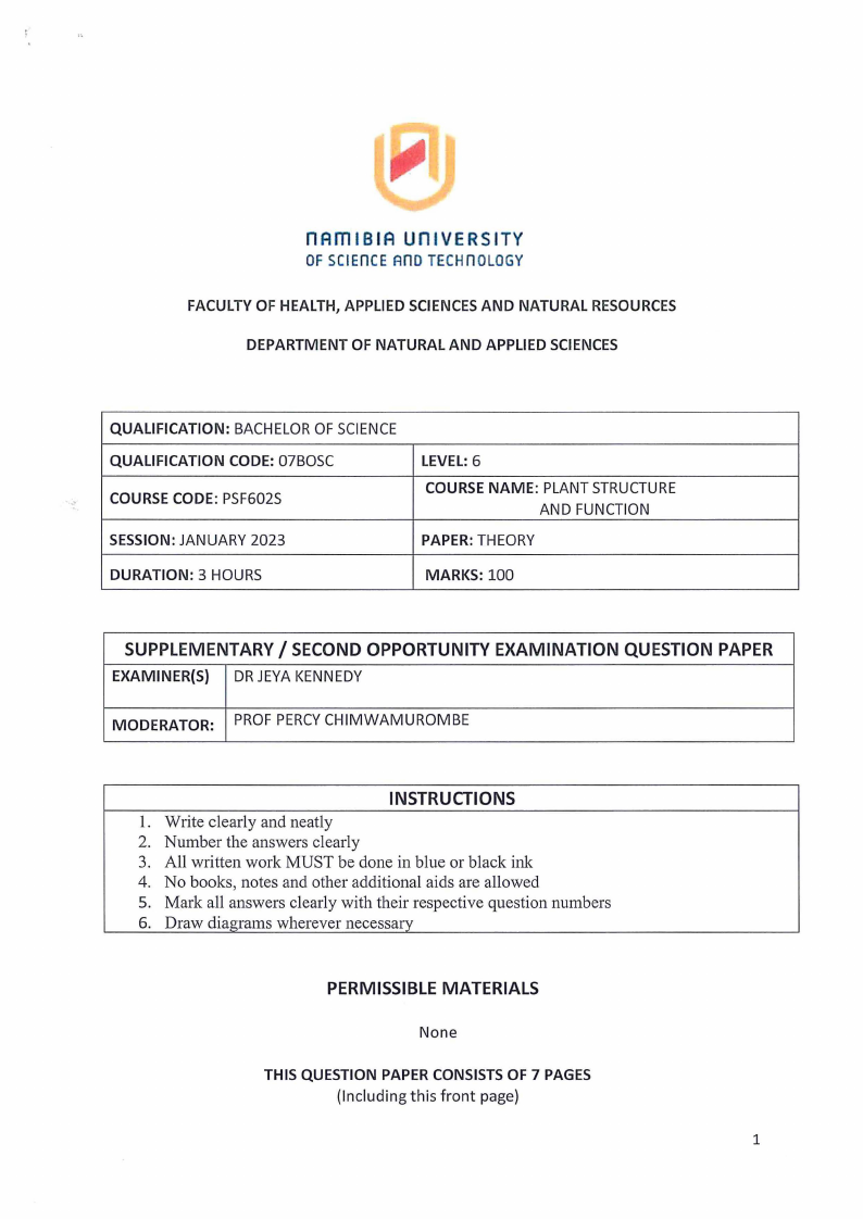PSF602S - PLANT STRUCTURE AND FUNCTION - 2ND OPP - JAN 2023 :: NUST ...