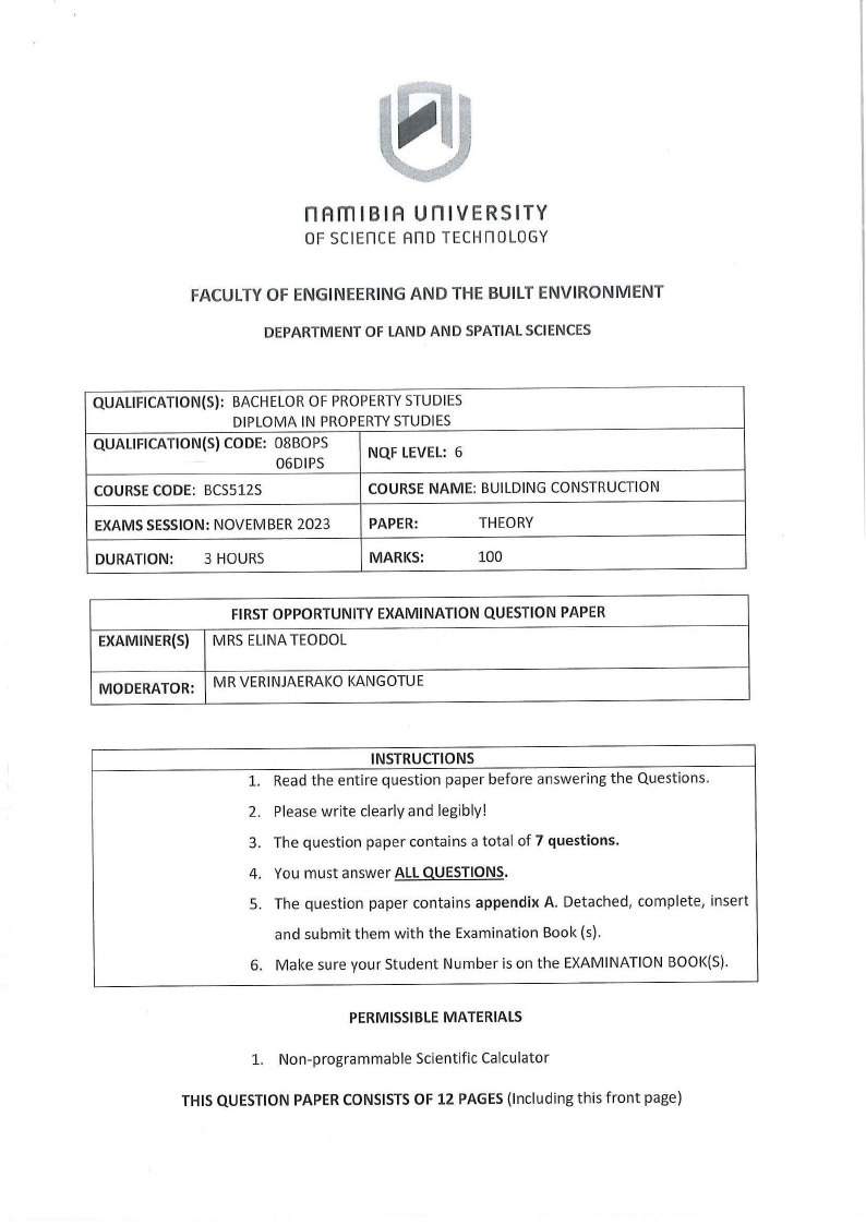BCS512S - BUILDING CONSTRUCTION - 1ST OPP - NOV 2023 :: NUST past ...