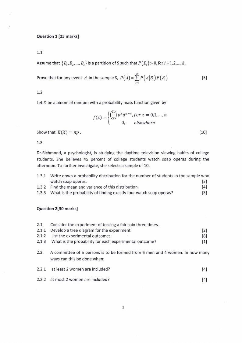 PBT501S - PROBABILITY THEORY 1 - 2ND OPP - JULY 2022 :: NUST past examination papers between ...