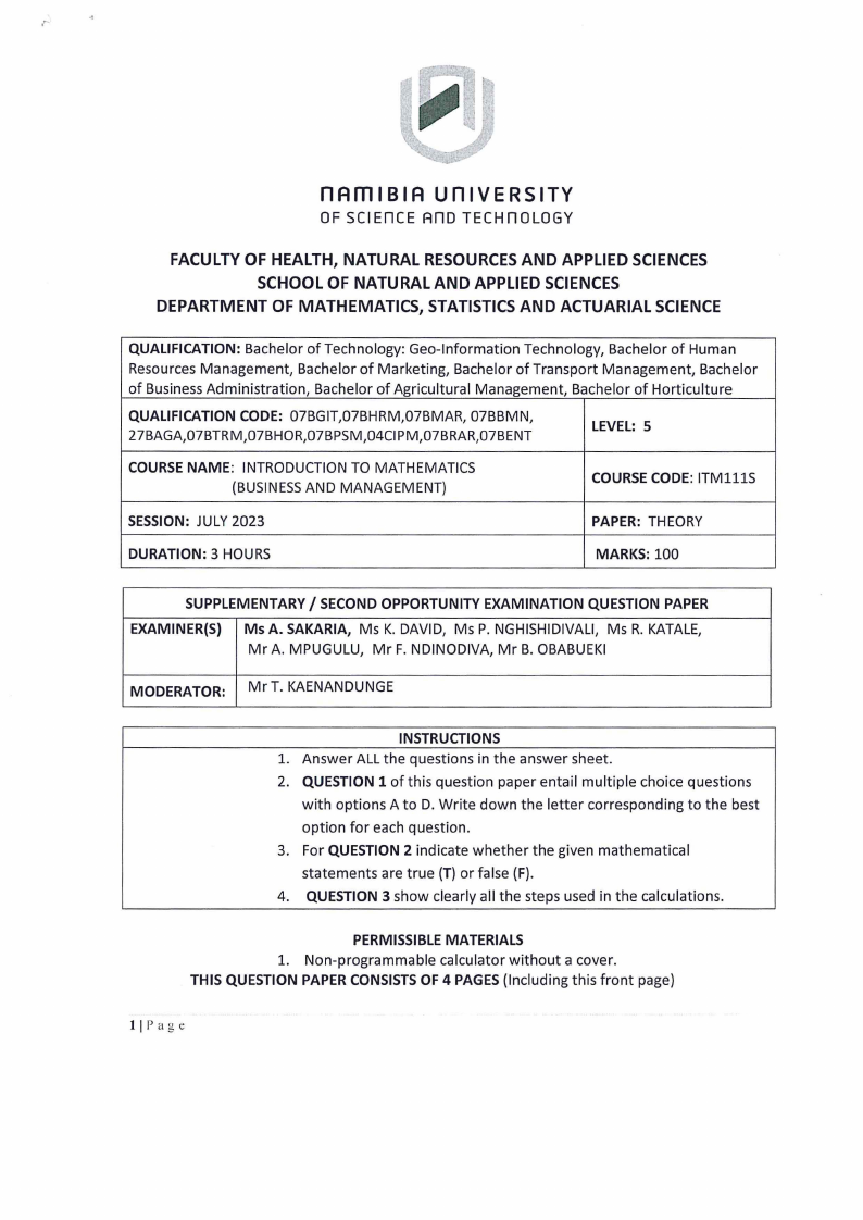 ITM111S - INTRODUCTION TO MATHEMATICS - 2ND OPP - JULY 2023 :: NUST ...
