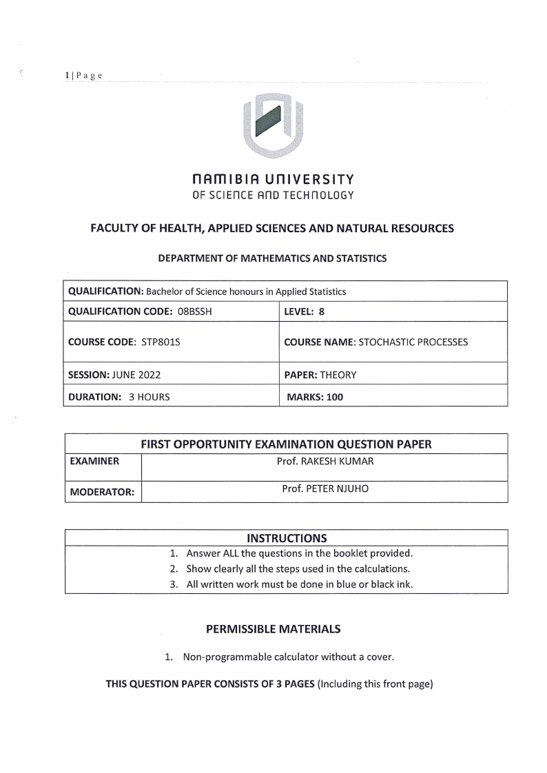 STP801S - STOCHASTIC PROCESSES - 1ST OPP - JUNE 2022 :: NUST past ...