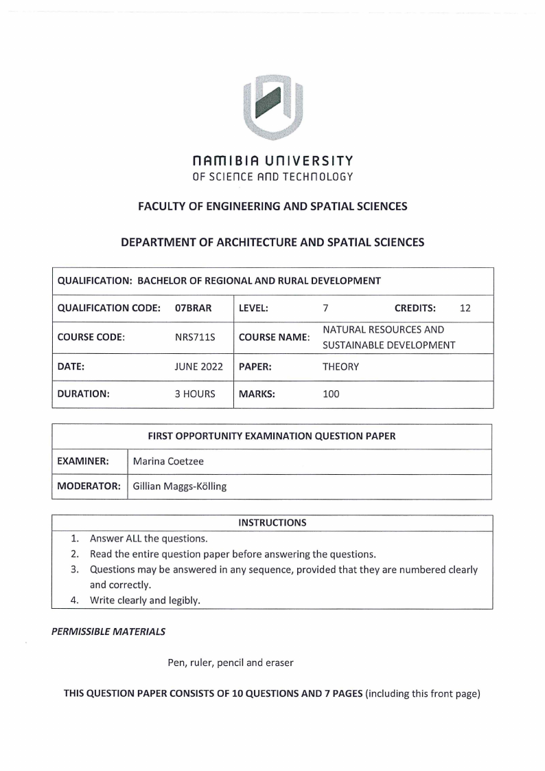 NRS711S - NATURAL RES and SUSTAINABLE DEV - 1ST OPP - JUNE 2022 :: NUST ...