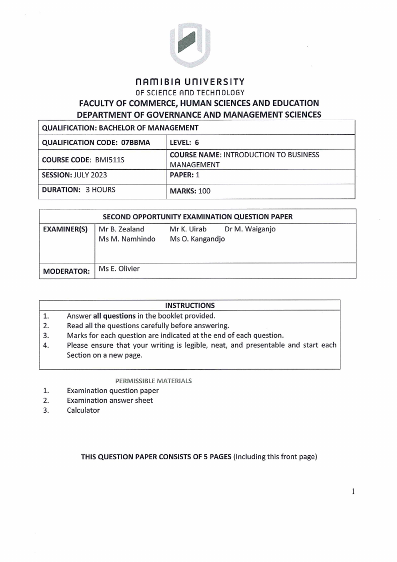 BMI511S - Intro to Business Management - 2nd OPP - june 2023 :: NUST ...