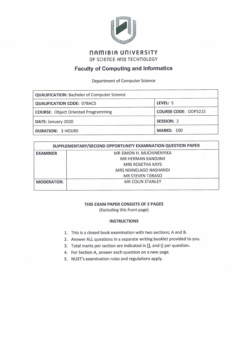OOP521S - OBJECT ORIENTED PROGRAMMING -2ND OPP - JAN 2020 :: NUST past ...