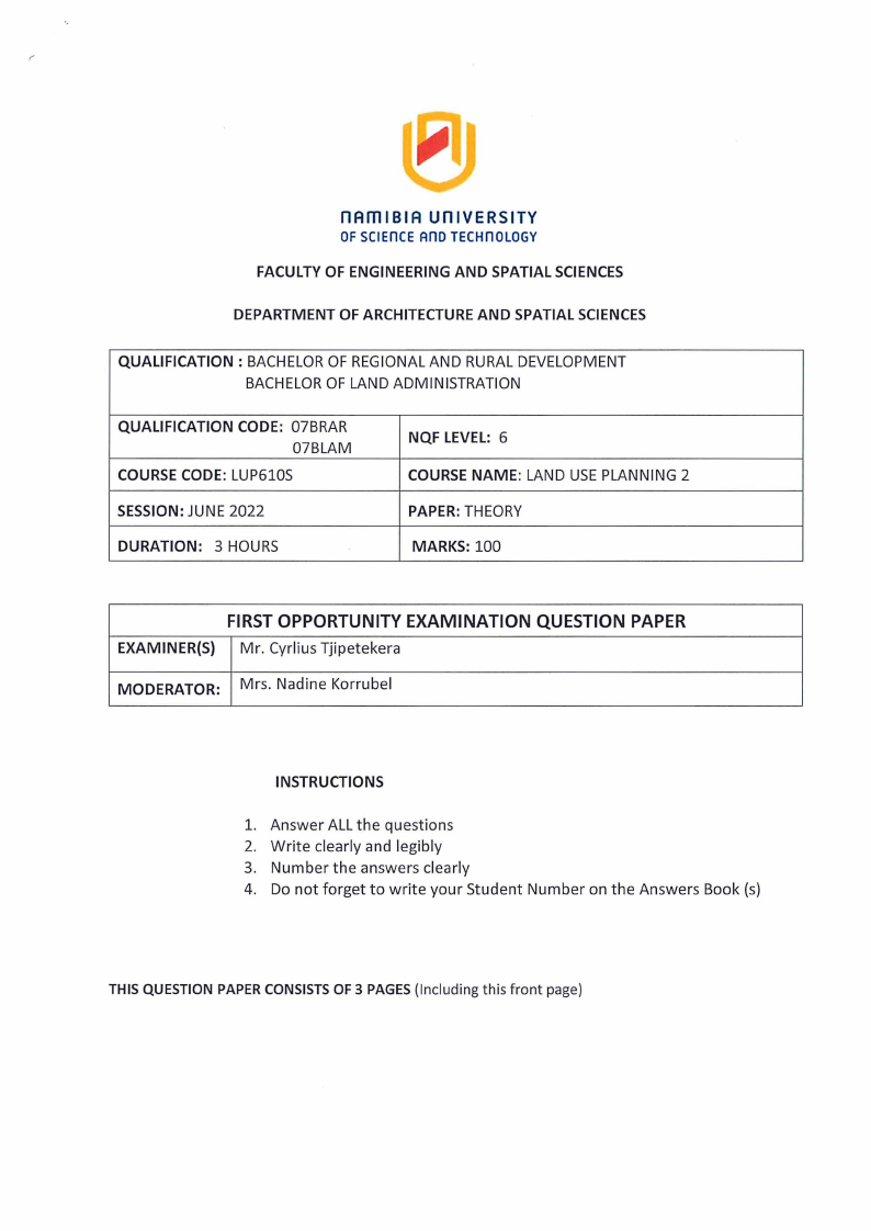 LUP610S - LAND USE PLANNING 2 - 1ST OPP - JUNE 2022 :: NUST past ...