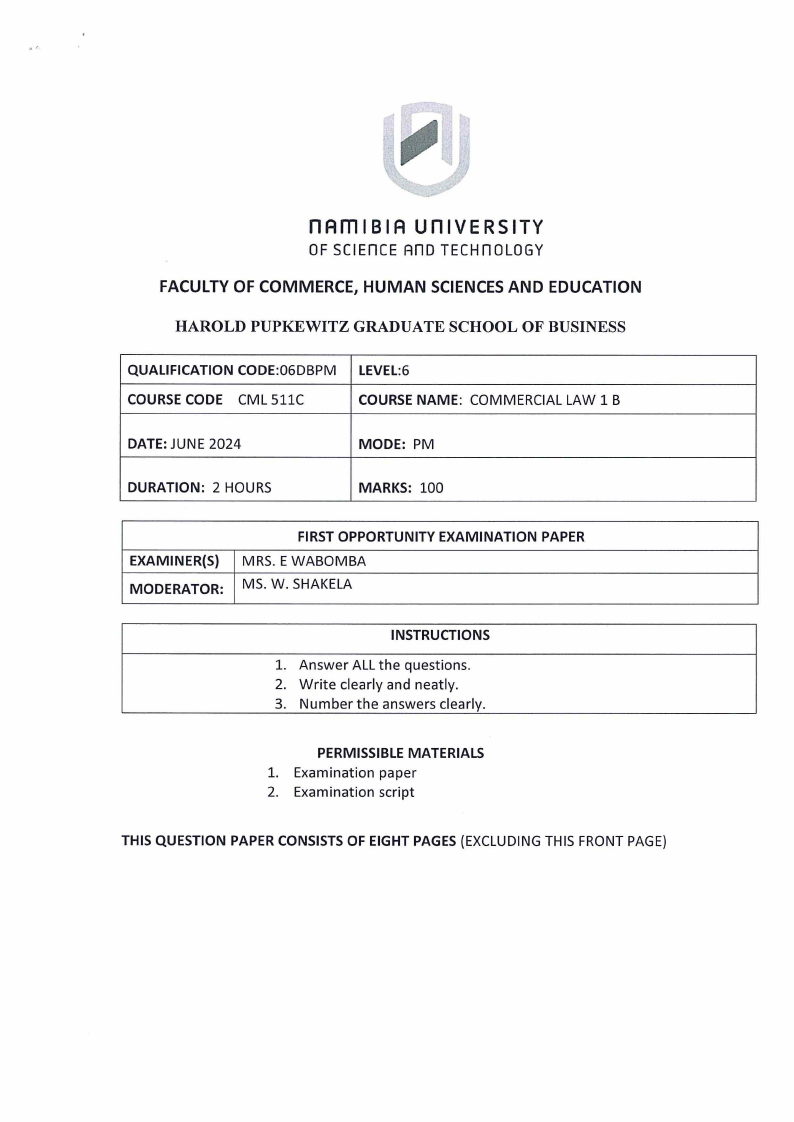 CML521C-COMMERCIAL LAW 1B-1ST OPP JUNE2024 :: NUST past examination ...