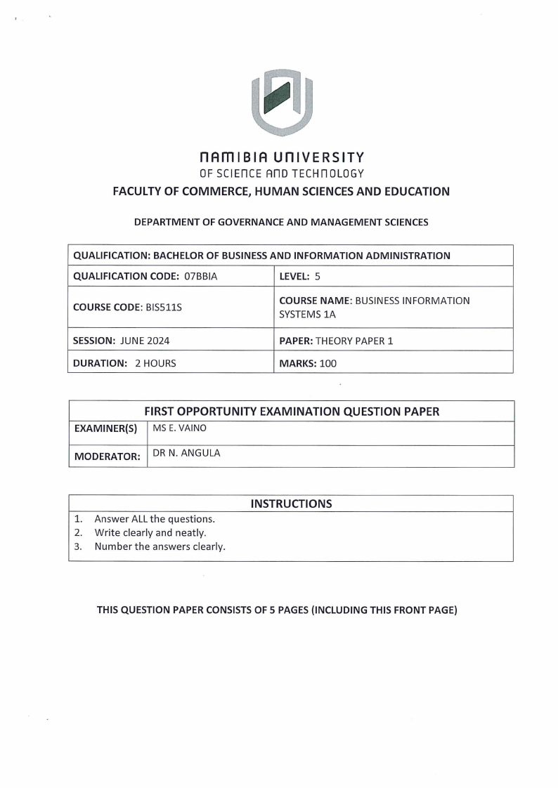 BIS511S - BUSINESS INFORMATION SYSTEM 1A - 1ST OPP - JUNE 2024 :: NUST past examination papers ...
