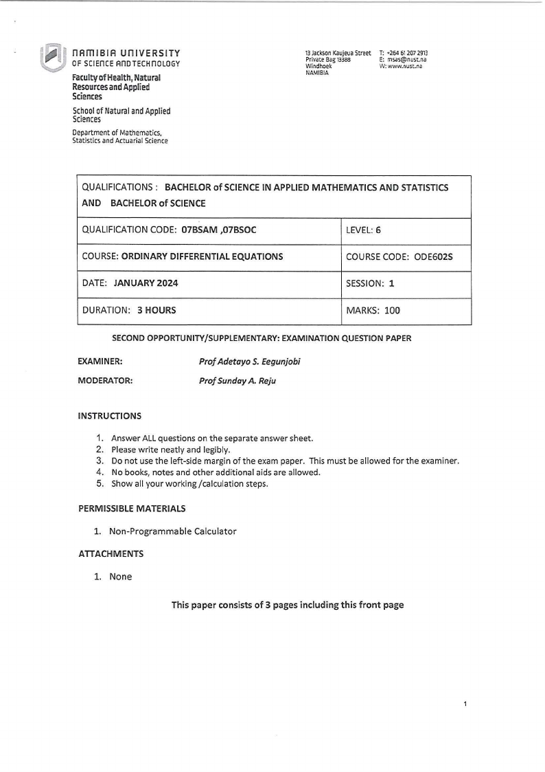 ODE602S - ORDINARY DIFFERENTIAL EQUATIONS - 2ND OPP - JANUARY 2024 ...