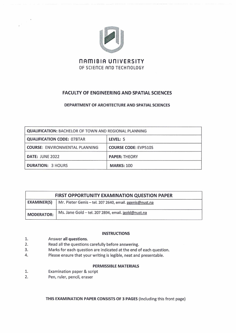 EVP510S - ENVIRONMENTAL PLANNING - 1ST OPP - JUNE 2022 :: NUST past ...