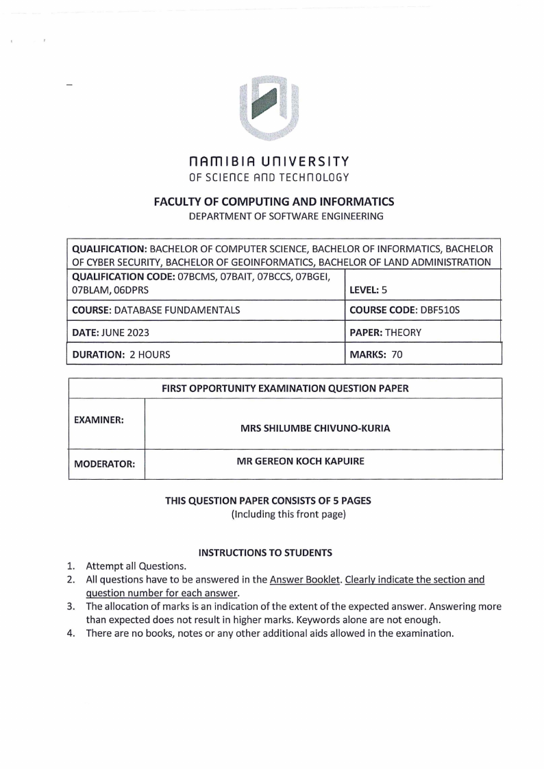 DBF510S - DATABASE FUNDAMENTALS - 1ST OPP - JUNE 2023 :: NUST past ...