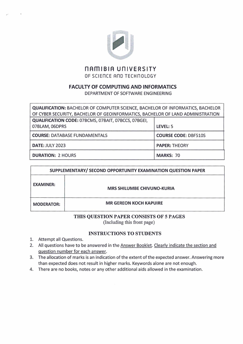 DBF510S - DATABASE FUNDAMENTALS - 2ND OPP - JULY 2023 :: NUST past examination papers between ...