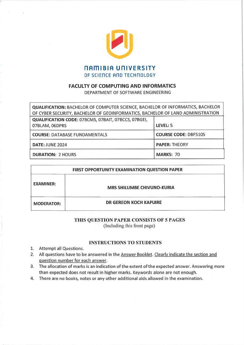 DBF510S - DATABASE FUNDAMENTALS - 1ST OPP - JUNE 2024 :: NUST past examination papers between ...