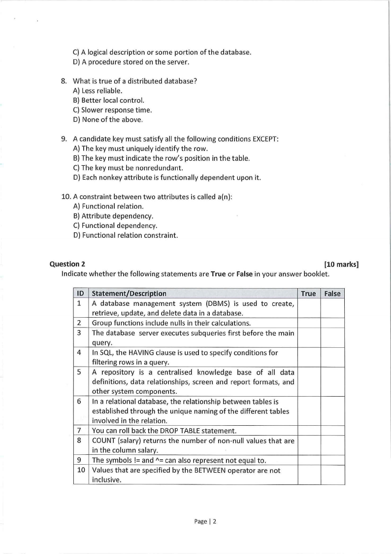 DBF510S - DATABASE FUNDAMENTALS - 1ST OPP - JUNE 2024 :: NUST past examination papers between ...