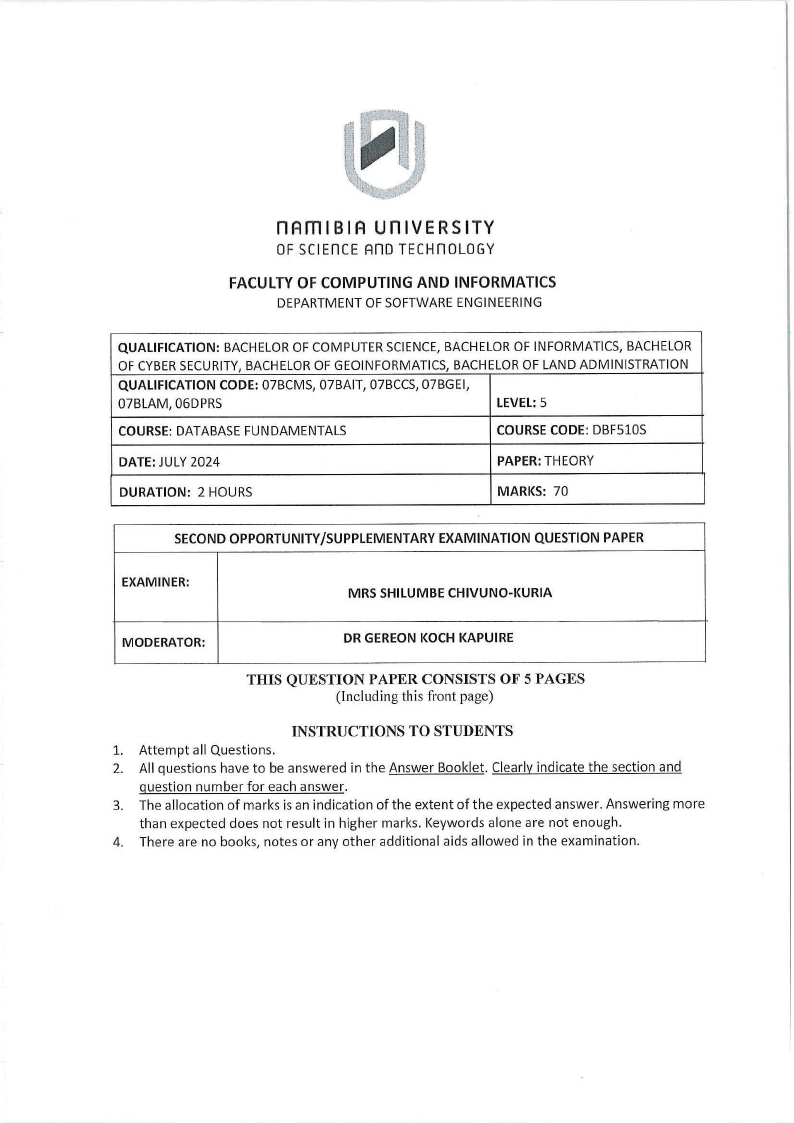 DBF510S - DATABASE FUNDAMENTALS - 2ND OPP - JULY 2024 :: NUST past examination papers between ...