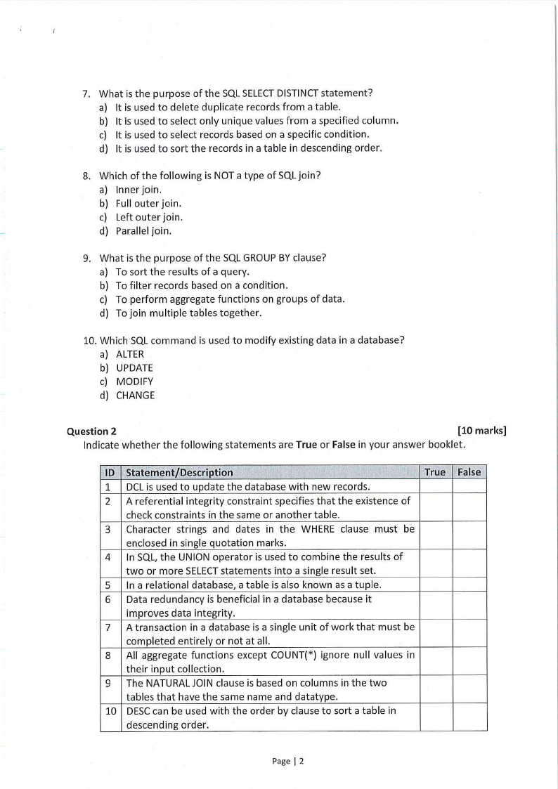 DBF510S - DATABASE FUNDAMENTALS - 2ND OPP - JULY 2024 :: NUST past examination papers between ...