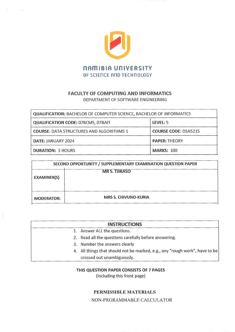 DSA521S - DATA STRUCTURES AND ALGORITHMS 1 - 2ND OPP - JAN 2024 :: NUST past examination papers ...