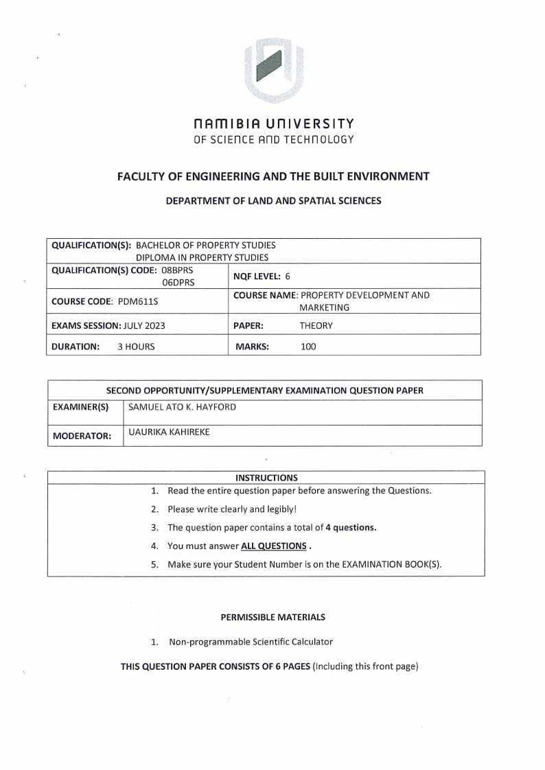 PDM611S - PROPERTY DEVELOPMENT AND MARKETING - 2ND OPP - JULY 2023 ...