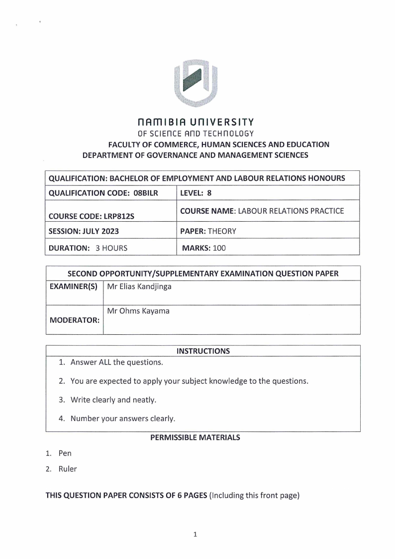 LRP812S - Labour Relations Practice - 2nd OPP - JUN 2023 :: NUST past ...