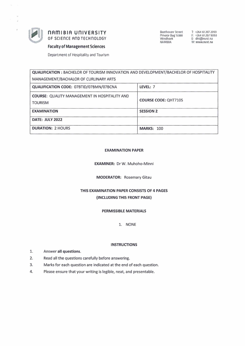 QHT710S - QUALITY MANAGEMENT IN HOSPITALITY AND TOURISM - 2ND OPP ...