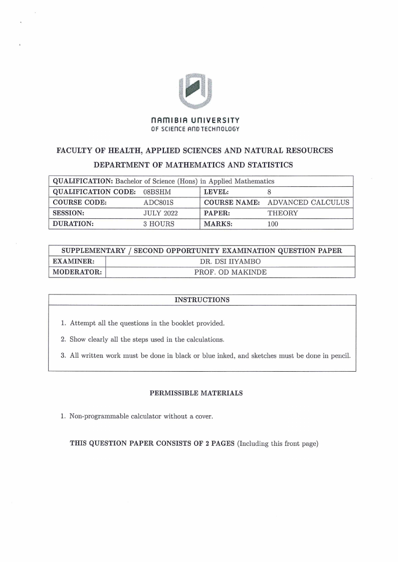 ADC801S - ADVANCED CALCULUS THEORY - 2ND OPP - JULY 2022 :: NUST past ...