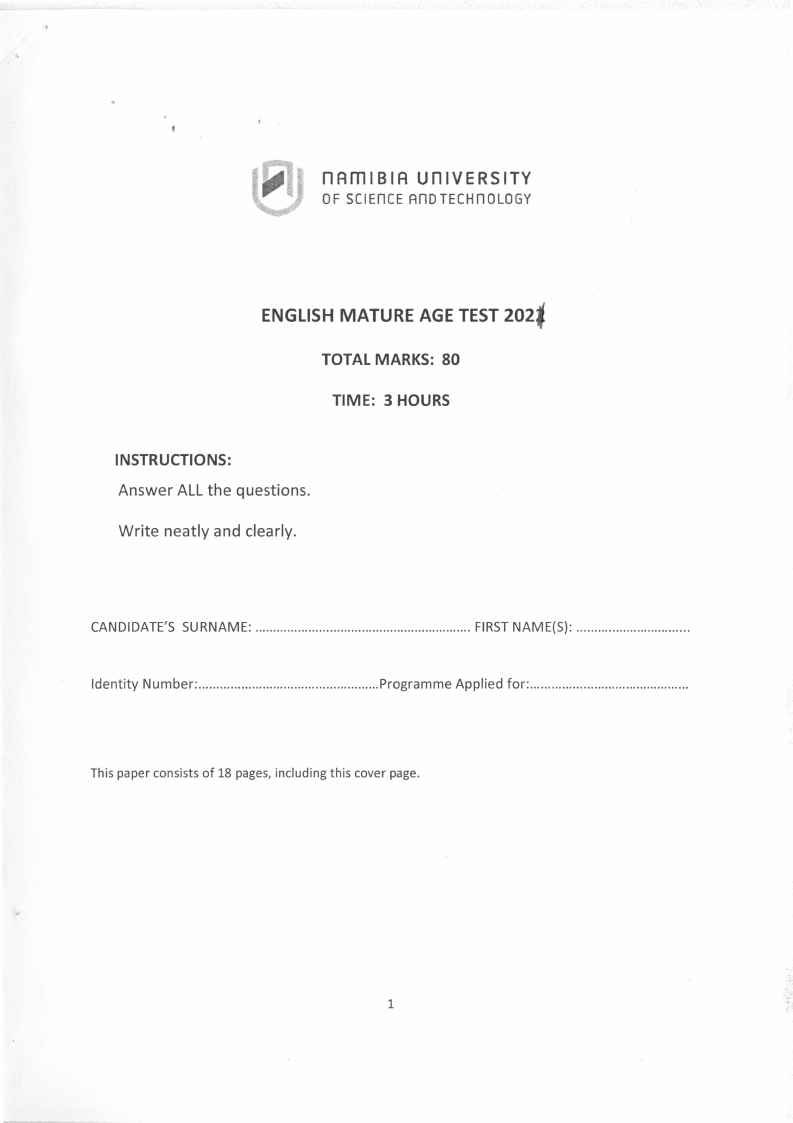 Mature Age Entry Test - English Placement Test - August 2021 :: NUST ...
